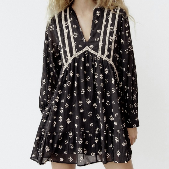 Zara | Dresses | Zara Limited Edition Bohemian Floral Cotton Mini Dress ...